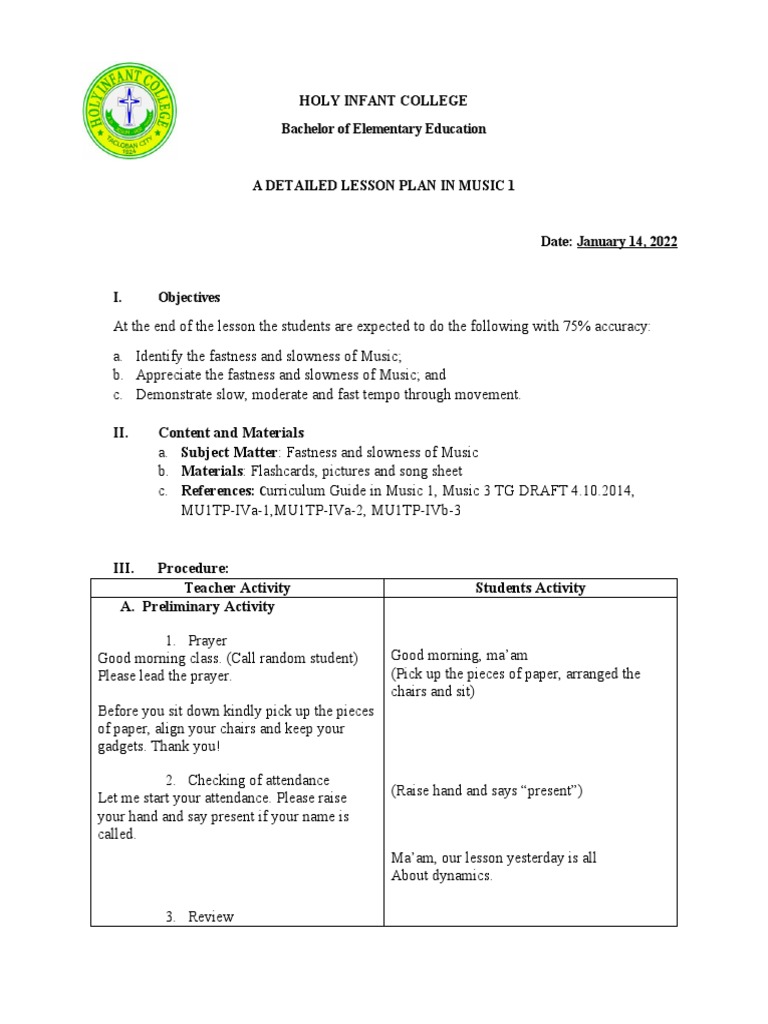 MUSIC DETAILED LESSON PLAN | PDF | Tempo | Lesson Plan