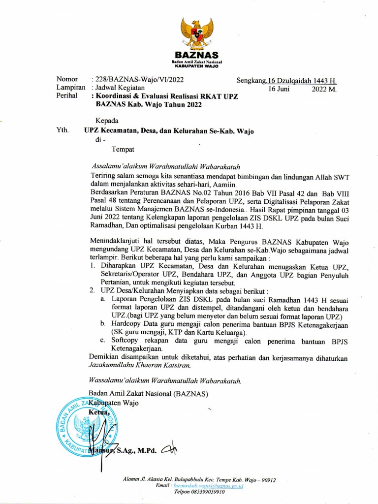 Surat Koordinasi Dan Evaluasi Realisasi Rkat Upz Baznas 2022 | PDF