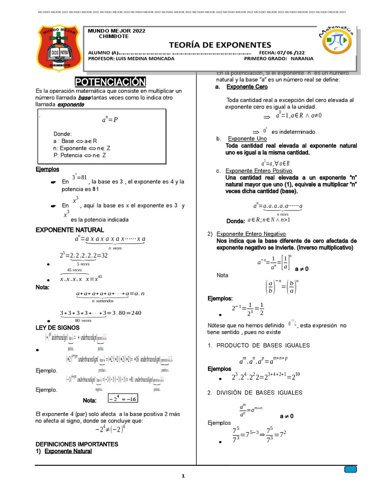 Teoría de Exponentes | PDF | Exponenciación | Multiplicación