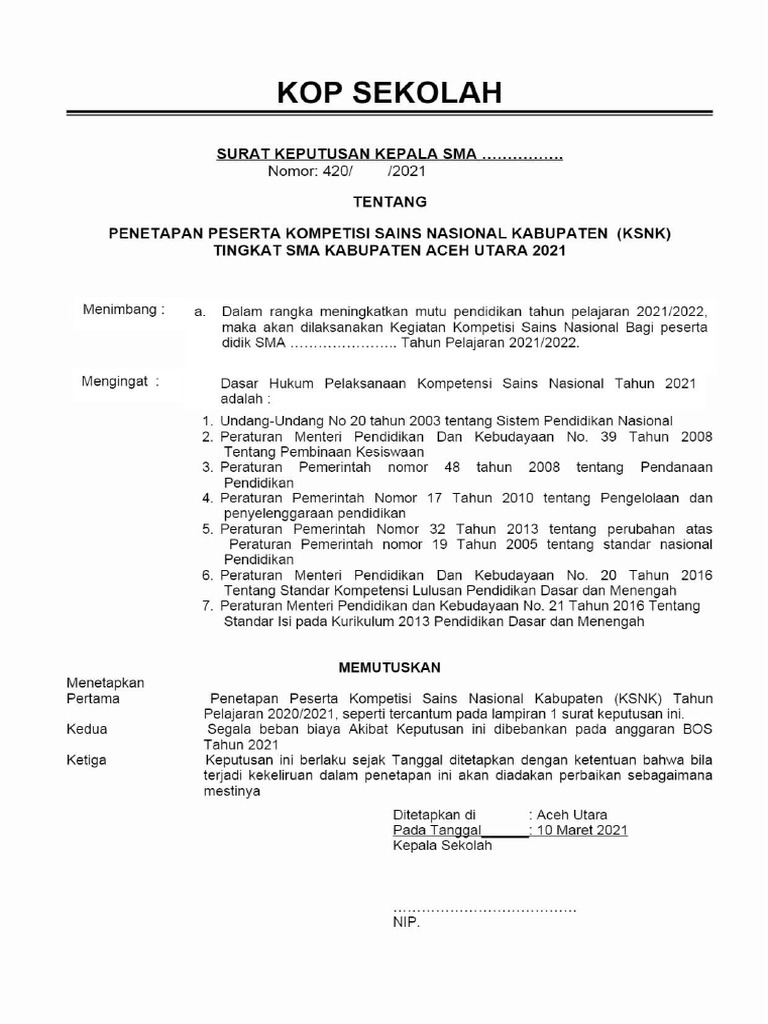 Contoh SK Penetapan Peserta KSN Tingkat Sekolah - TOAZ - INFO | PDF