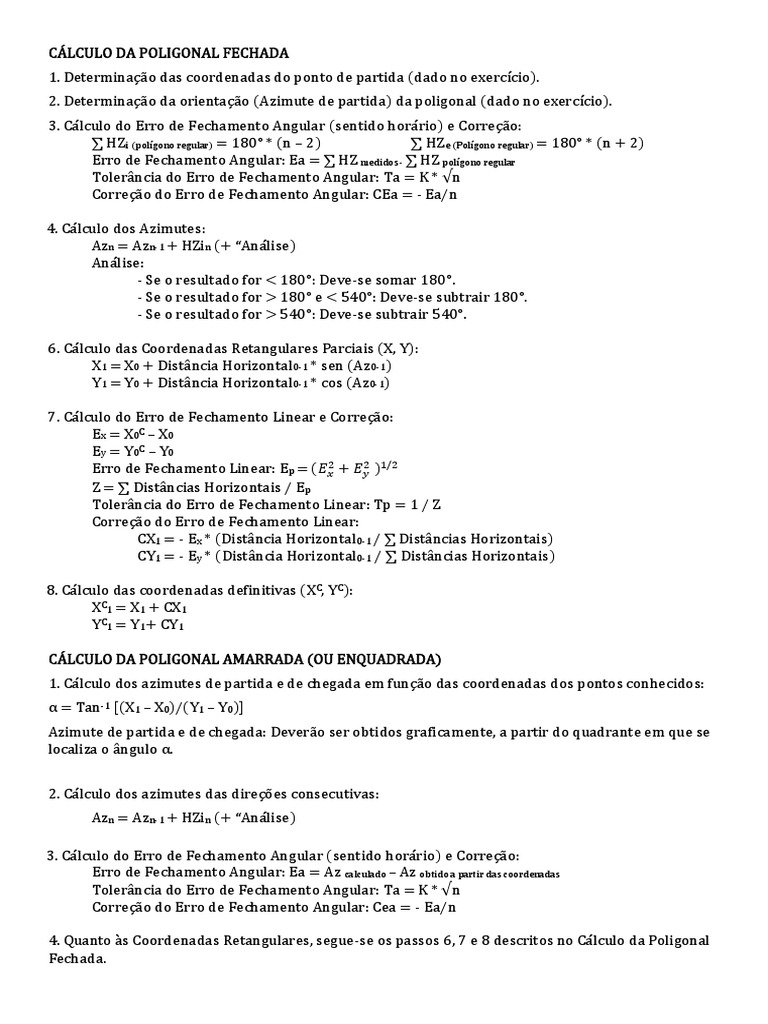 Topografia I - Etapas e Fórmulas | PDF | Azimute | Ângulo