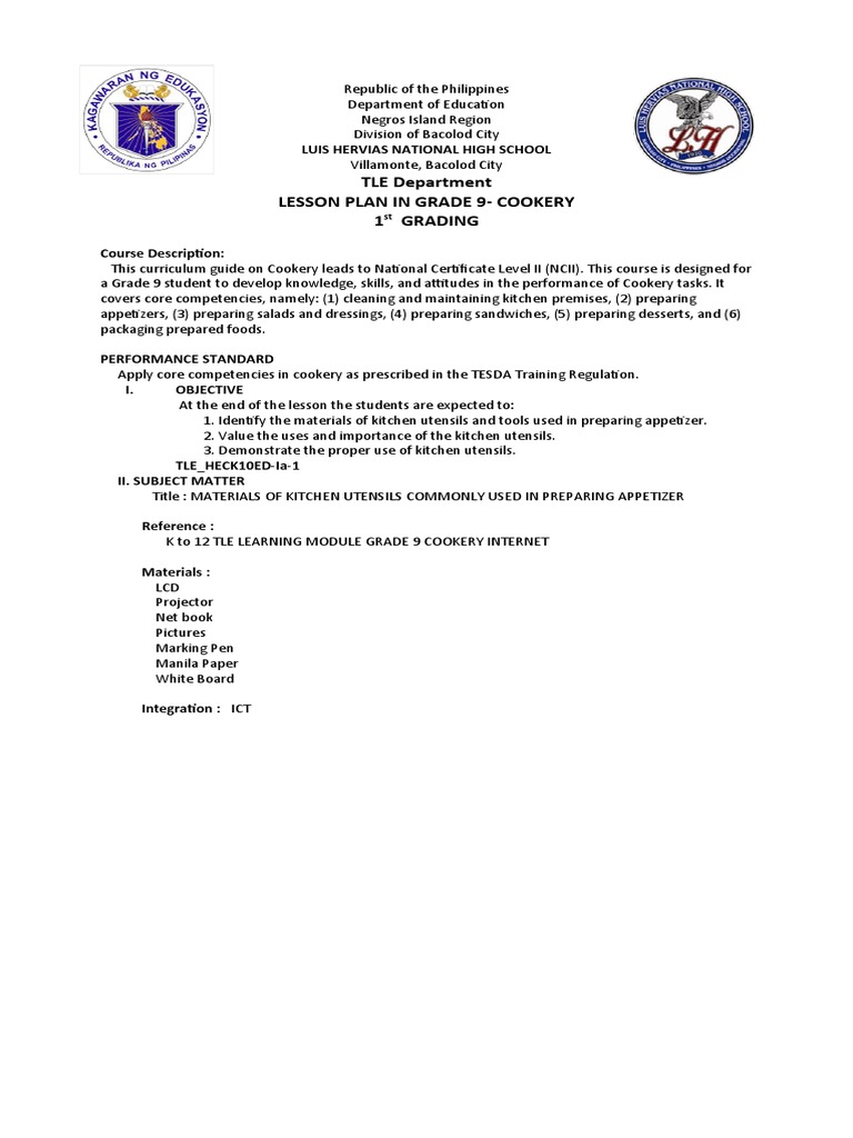 1ST GRADINGLESSON PLAN in TLE GRADE 9 COOKERY | PDF | Kitchen Utensil ...