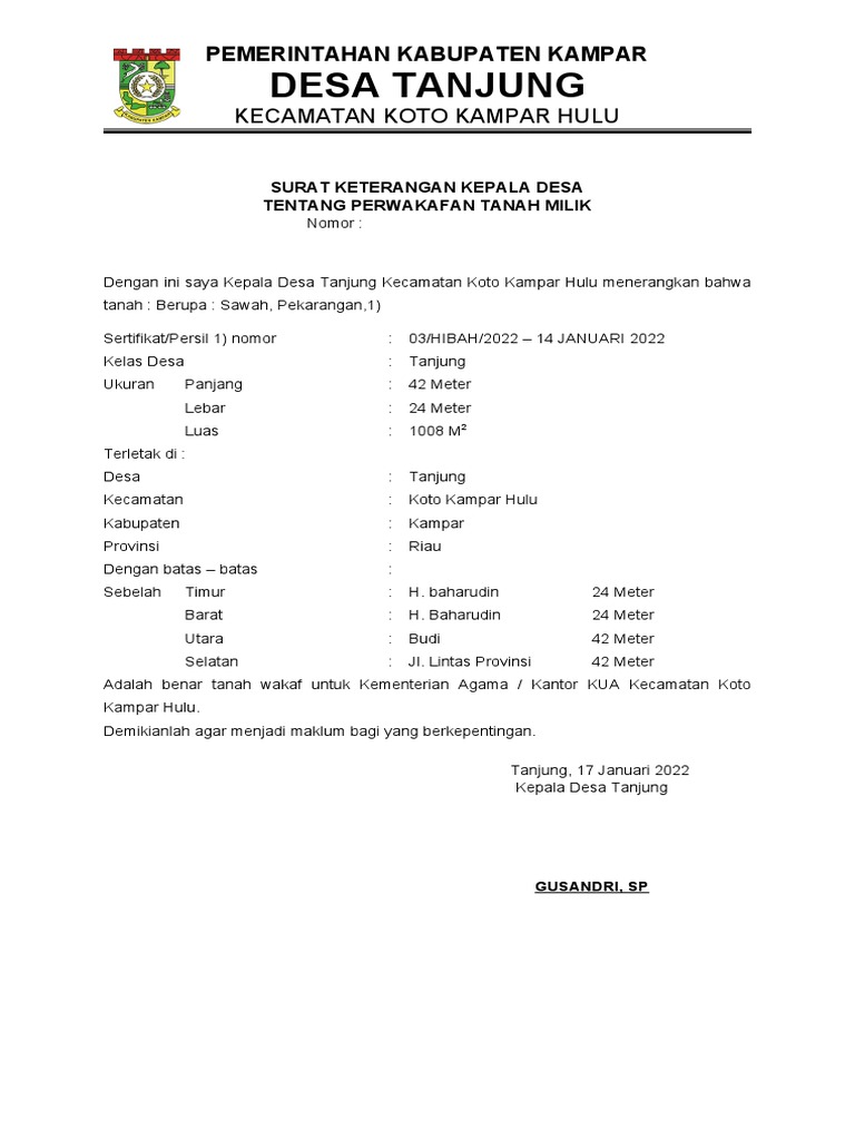Surat Keterangan Kepala Desa Wakaf | PDF