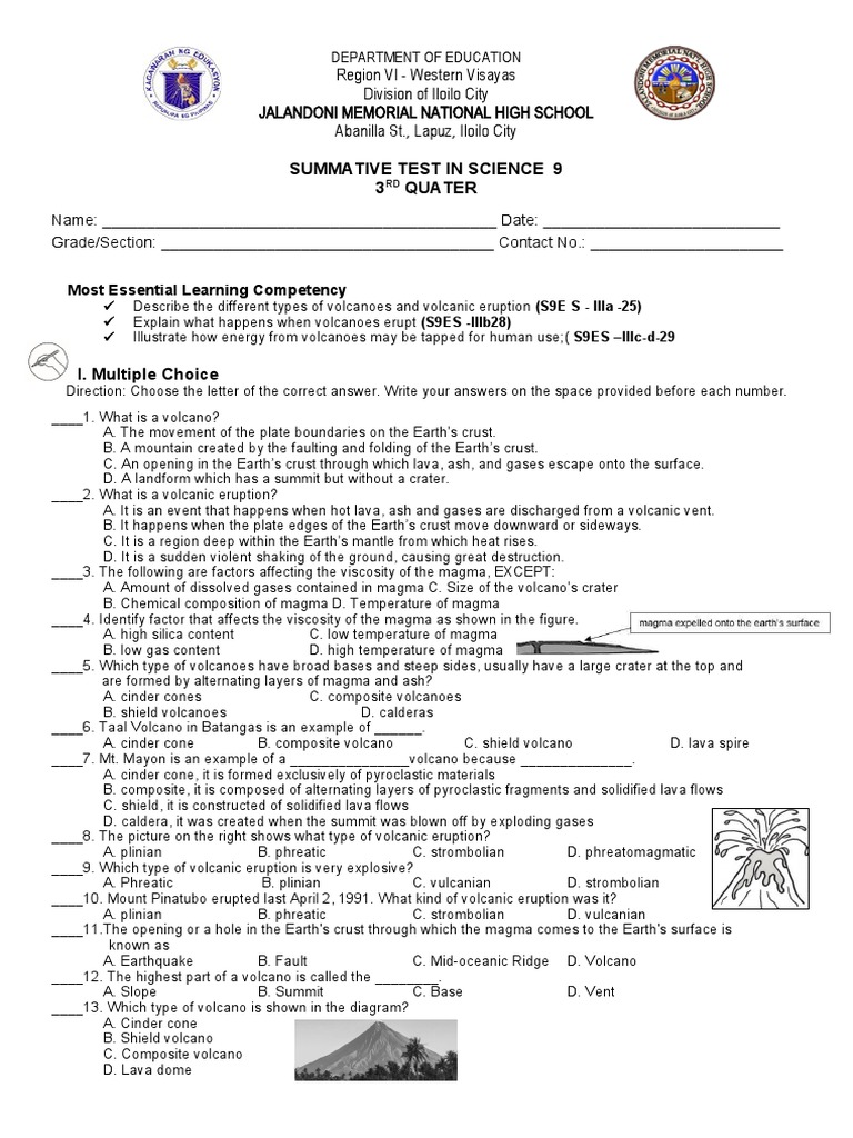 Science 9 Volcanoes Summative Test | PDF | Volcano | Types Of Volcanic ...