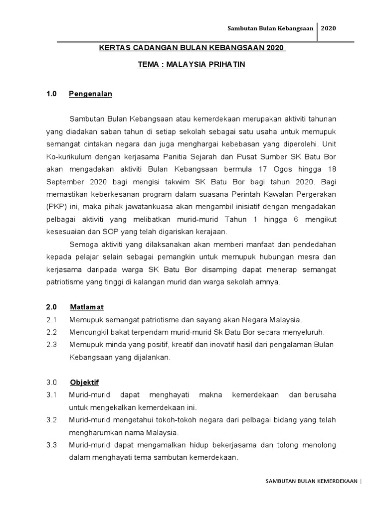 Kertas Kerja Sambutan Bulan Kemerdekaan 2020 | PDF