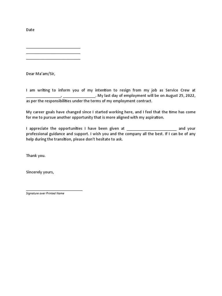 Service Crew Resignation Letter | PDF