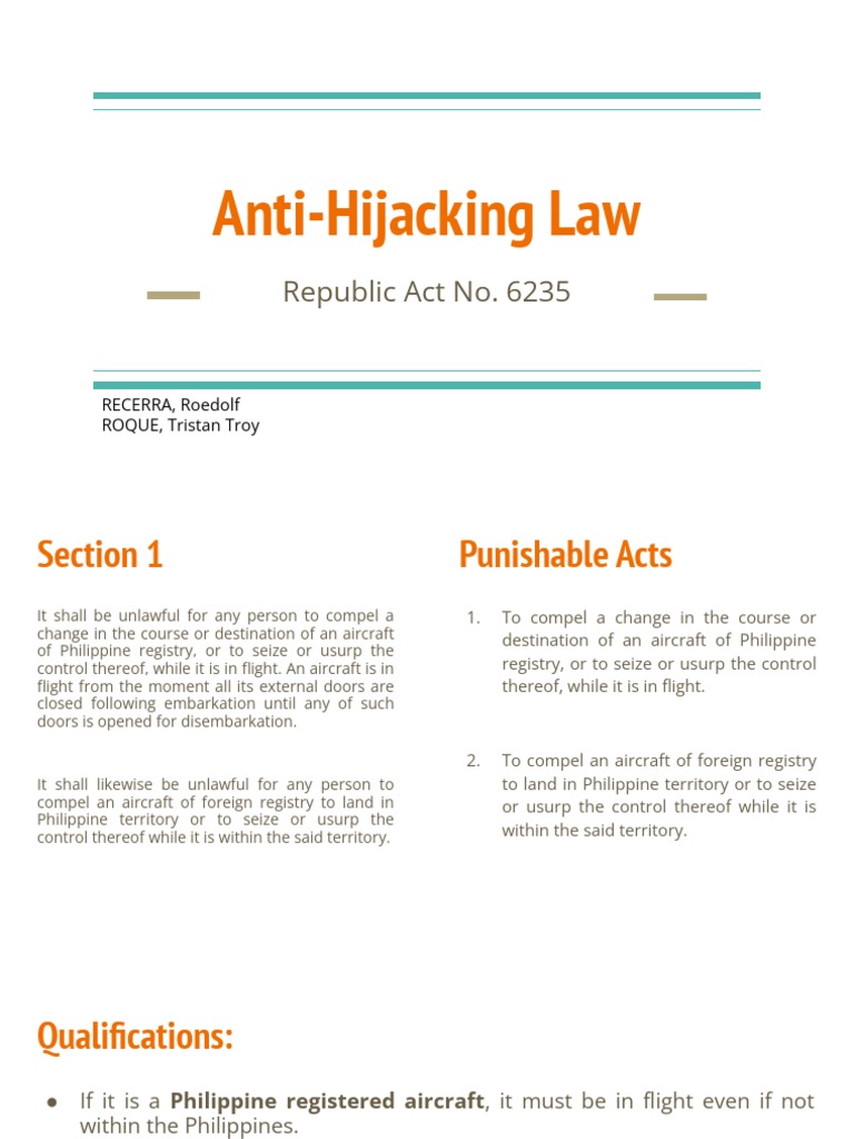 Anti Hijacking Law | PDF | Aircraft Hijackings | Crime & Violence