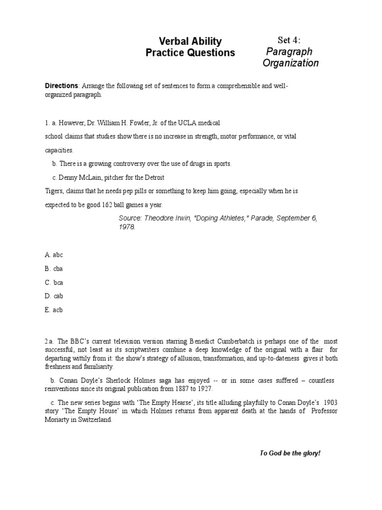 Verbal Ability Practice Questions: Paragraph Organization | PDF | Lewis ...