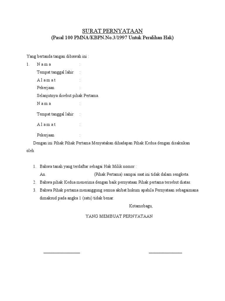 Surat Pernyataan Pasal 100 PMNA/KBPN | PDF