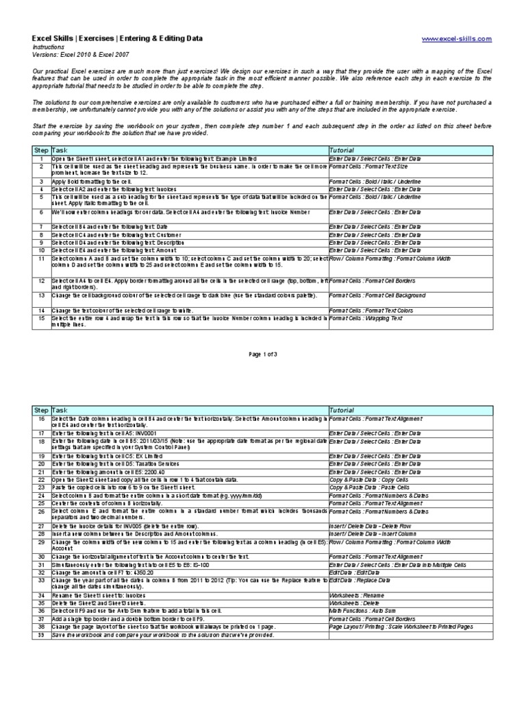 Excel Skills Exercises Entering And Editing Data Step Task Pdf Microsoft Excel Worksheet 