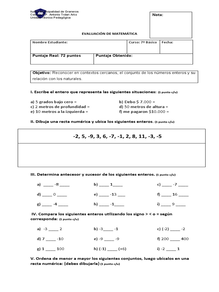 Prueba Matematica 2 Septimo Básico Números Enteros | PDF | Entero ...