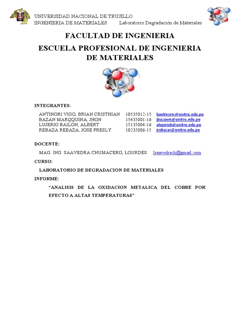 Lab 1. ANALISIS DE LA OXIDACION METALICA DEL COBRE POR EFECTO A ALTAS ...