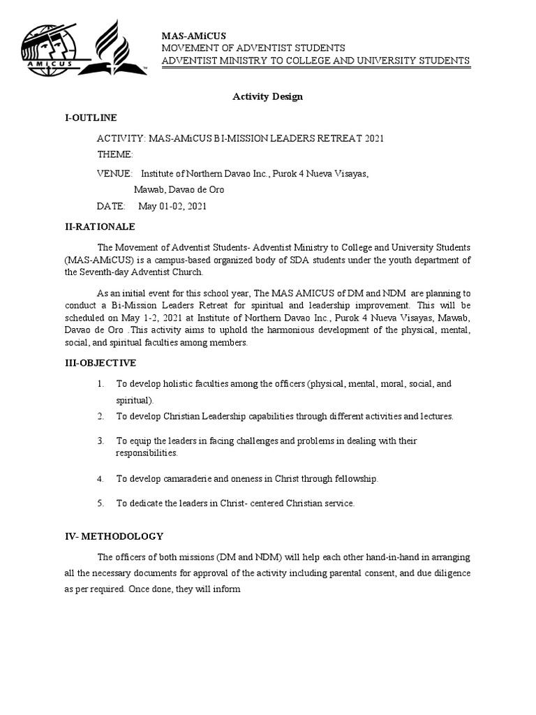 Activity Design: Mas-Amicus | PDF | Seventh Day Adventist Church ...