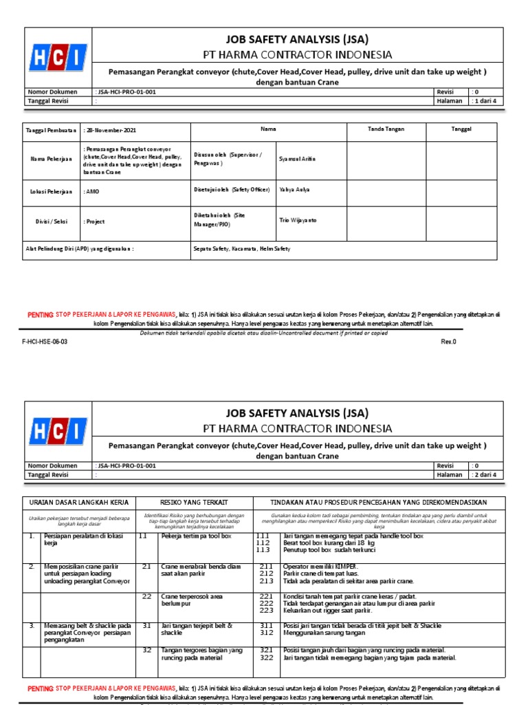 JSA-HCI-PRO-01-001 Pemasangan Perangkat Conveyor (Chute, Cover Head ...