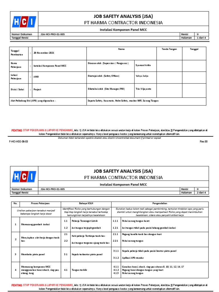 JSA-HCI-PRO-01-005 Instalasi Komponen Panel MCC | PDF