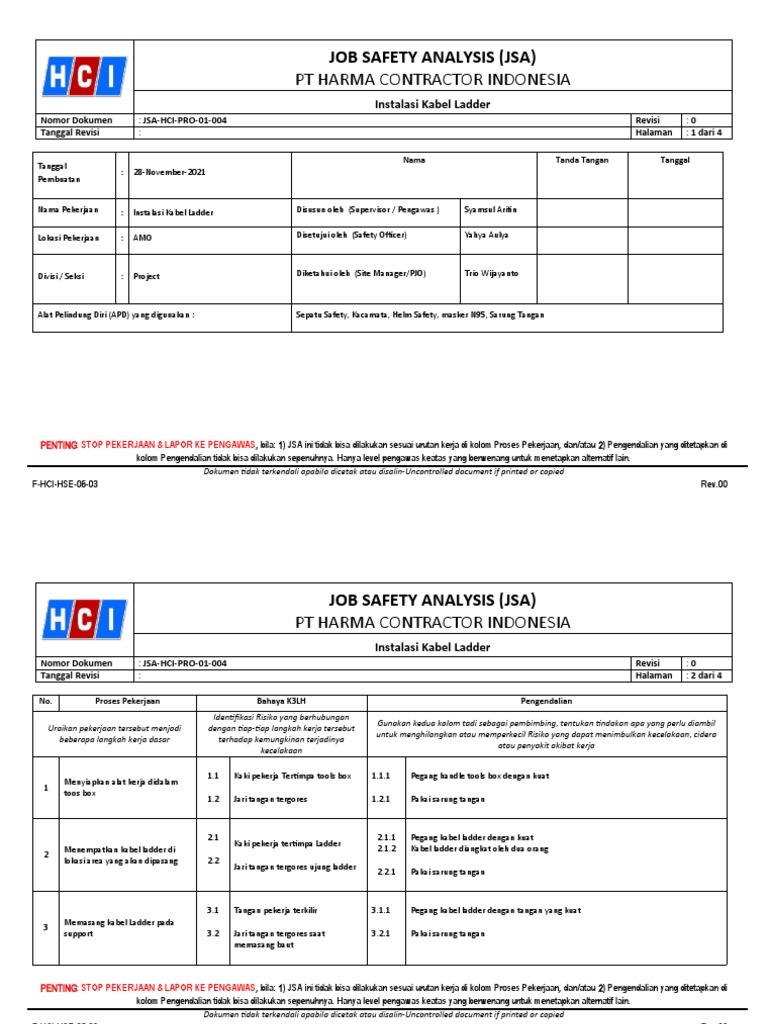 JSA-HCI-PRO-01-004 Instalasi Kabel Ladder | PDF