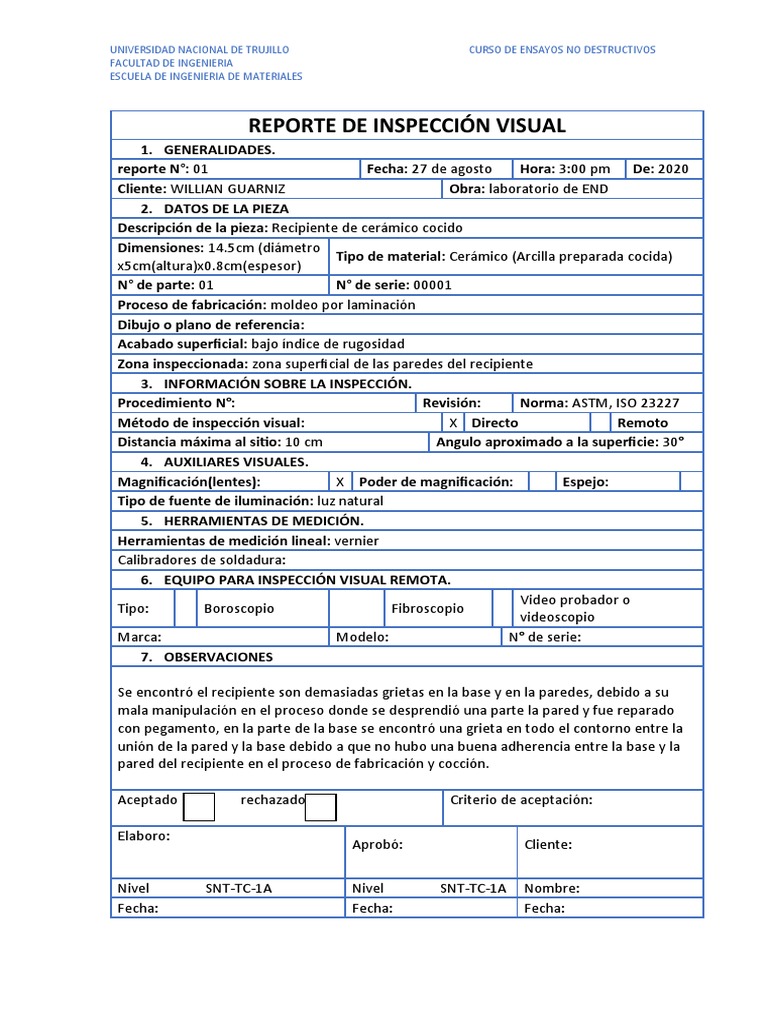 Reporte de Inspección Visual | Descargar gratis PDF | Arcilla | cerámica