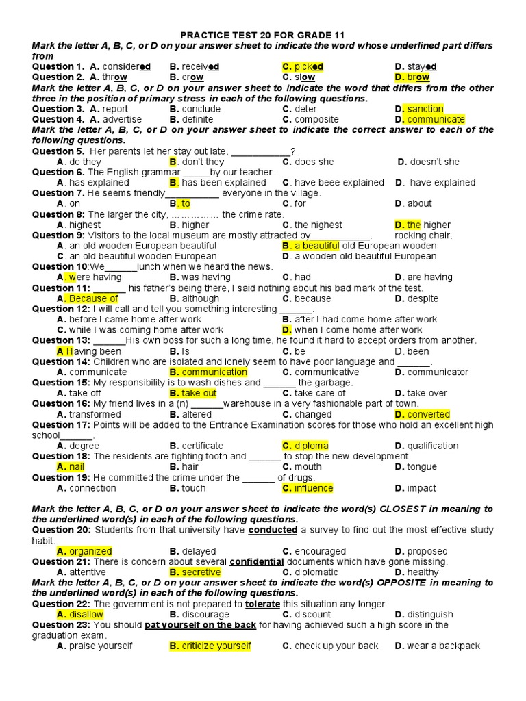 PRACTICE TEST 20 For GRADE 11 | PDF