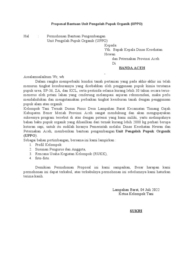 Contoh Proposal Bantuan Unit Pengolah Pupuk Organik | PDF