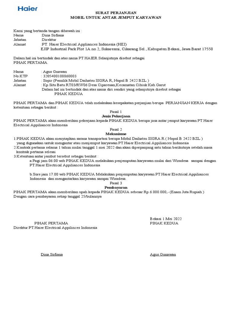 Surat Perjanjian Sewa Mobil | PDF