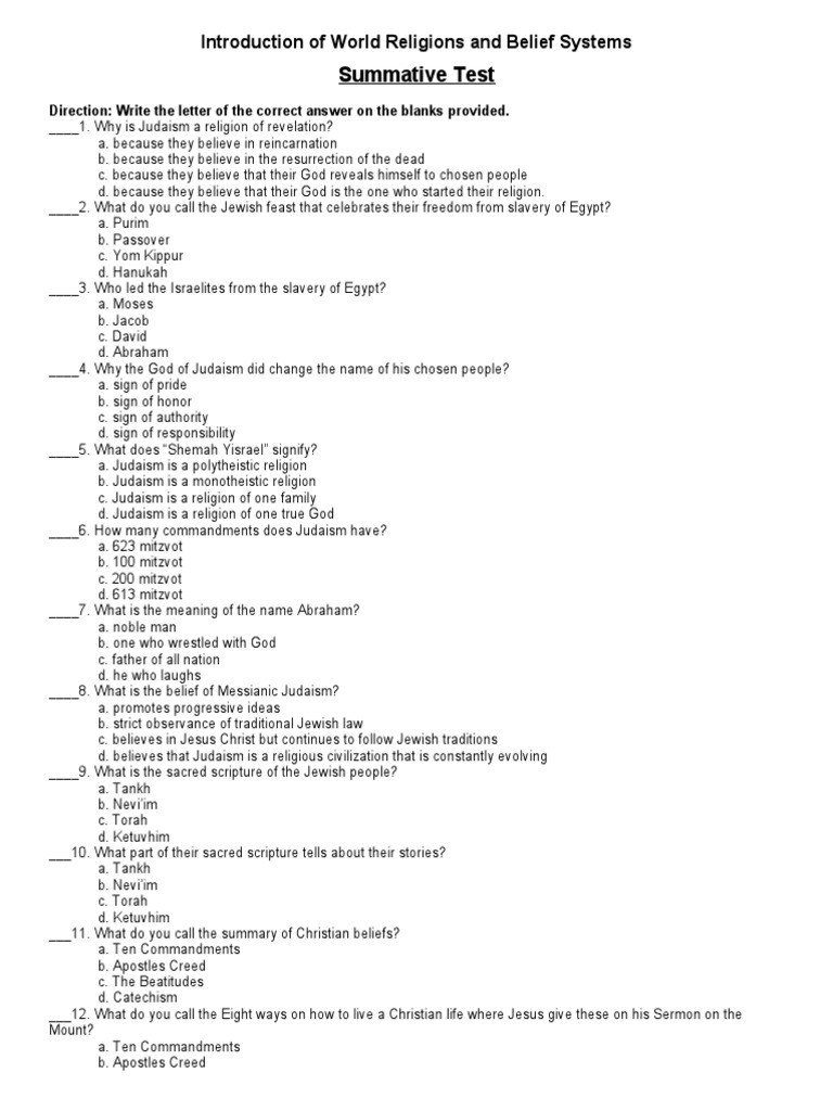 Summative Assessment on World Religions and Belief Systems | PDF ...
