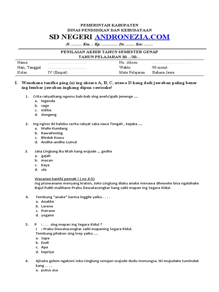 Soal PAT Bahasa Jawa Kelas 4 - 1 | PDF