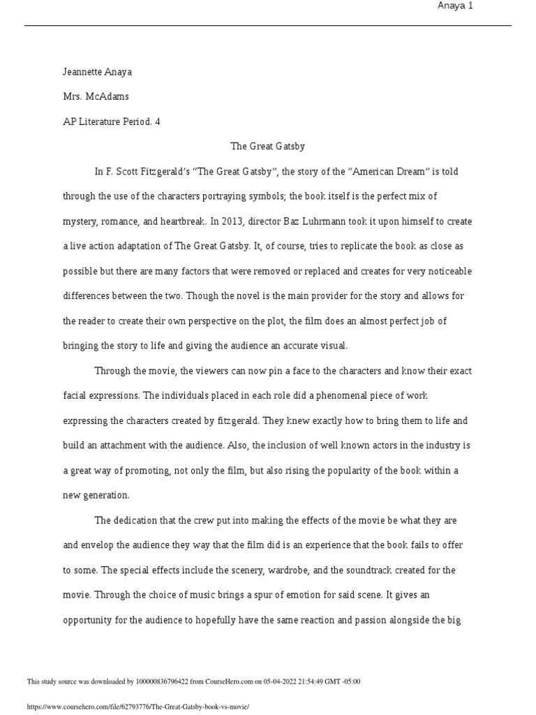 Gatsby: Movie vs. Book Analysis | PDF | The Great Gatsby | F. Scott ...