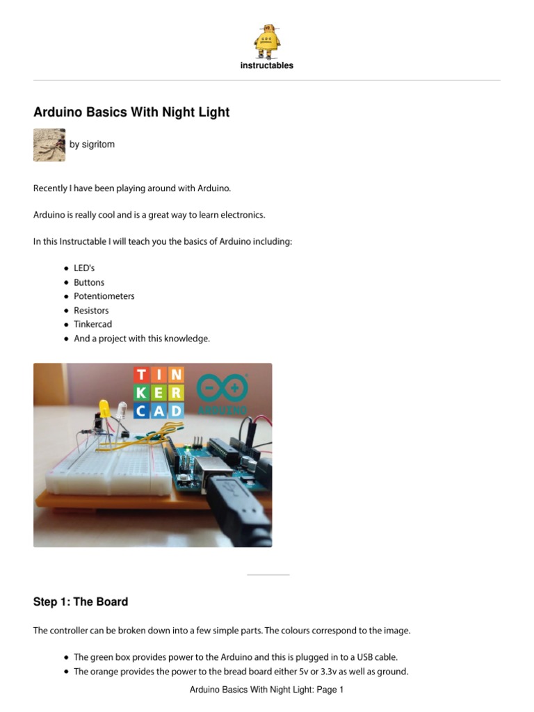 Arduino Basics With Night Light: Step 1: The Board | PDF | Resistor | Diode