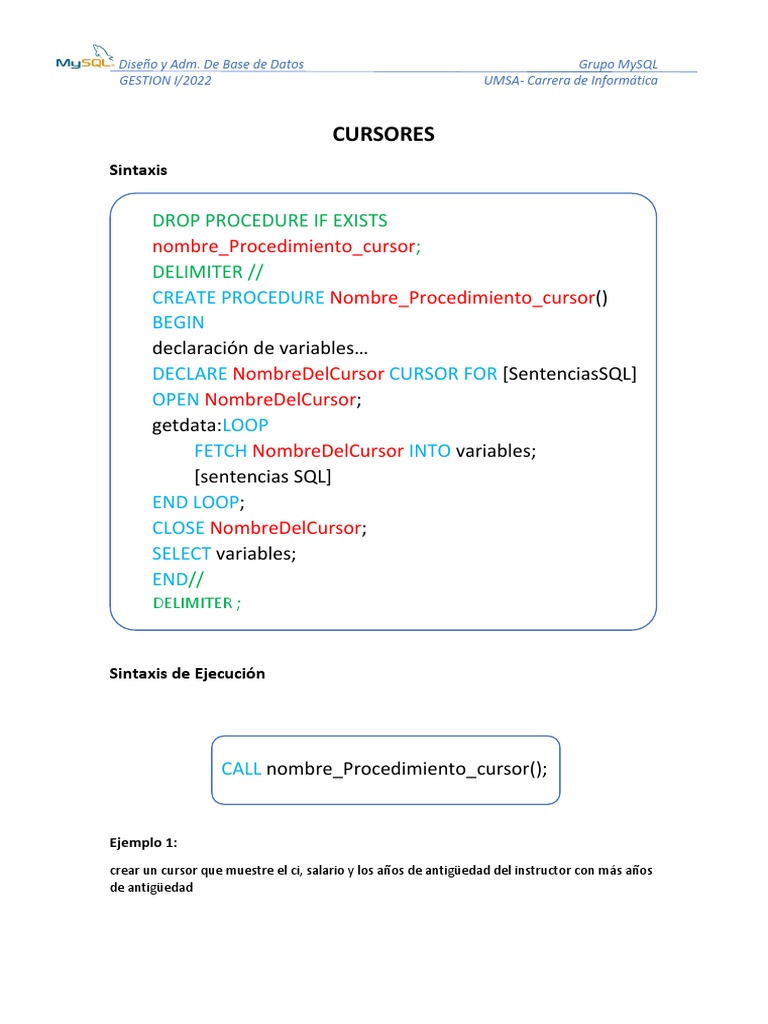 Cursores MySQL | PDF | SQL | Recuperación de información