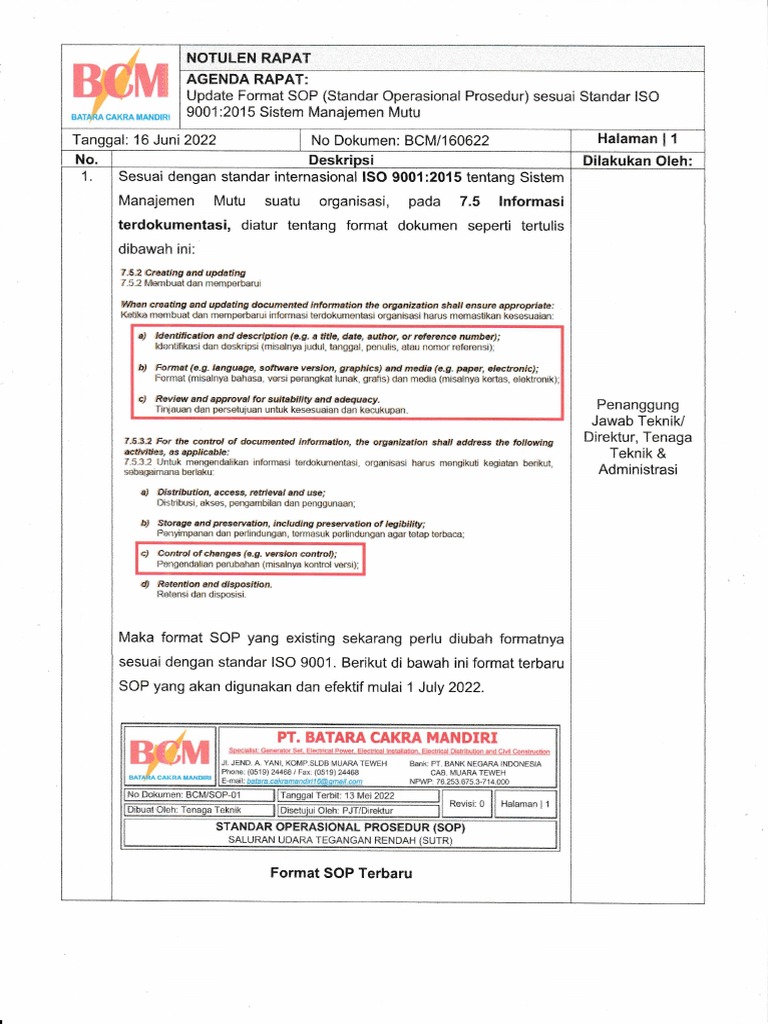 Notulen Rapat Update Format Sop Sesuai Iso 9001 Pdf