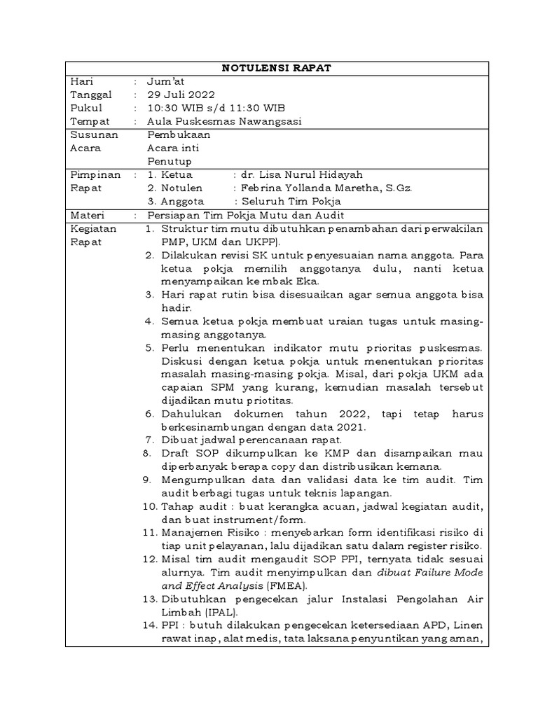 Notulensi Rapat 29 Juli 2022 | PDF | Karier & Perkembangan