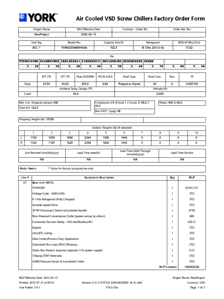 Air Cooled VSD Screw Chillers Factory Order Form | PDF | Mechanical ...