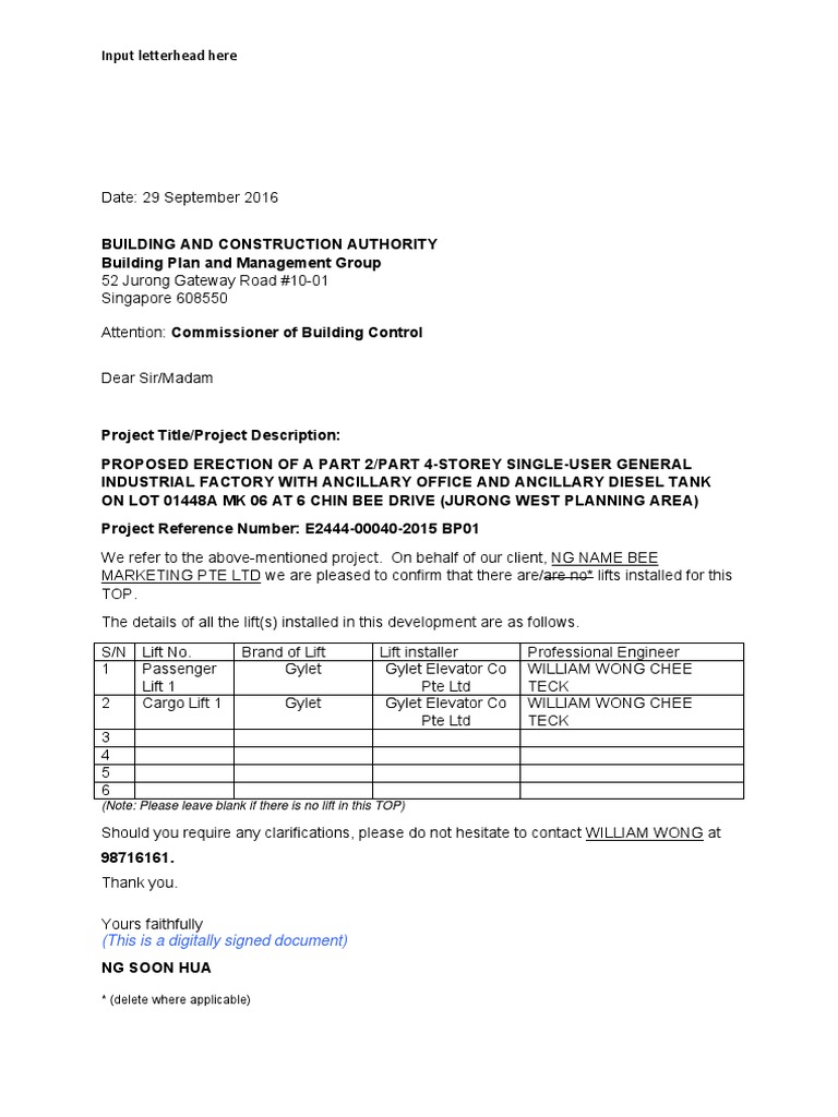 Letter Template For Confirmation of Lift Details v2 | PDF