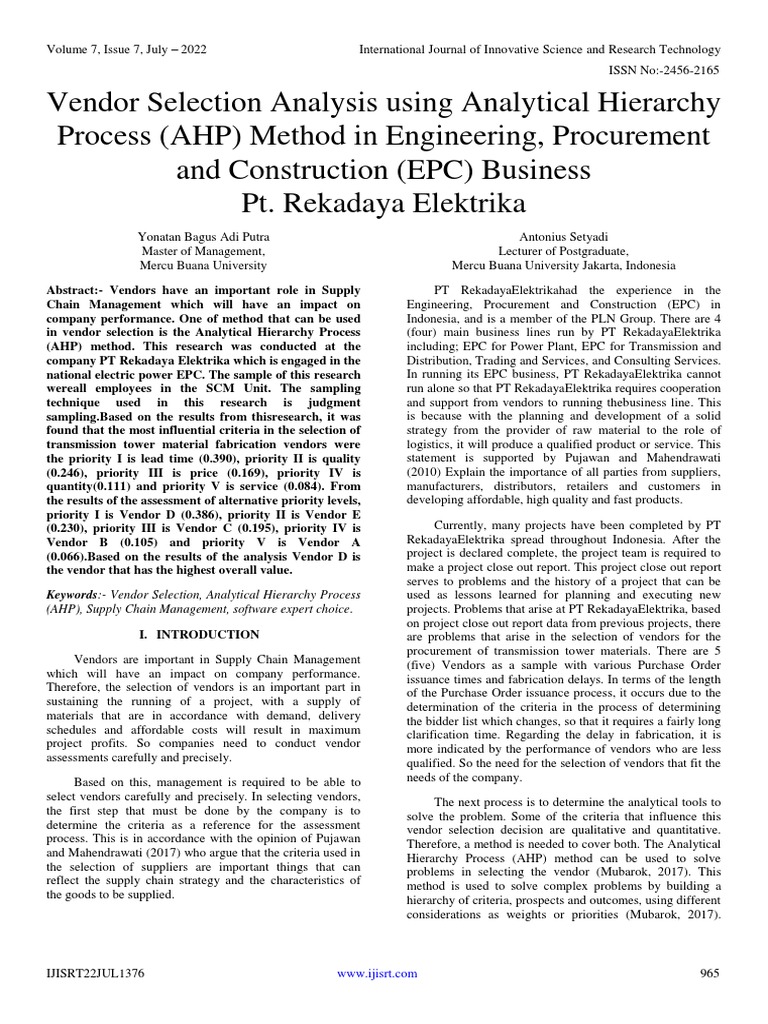 Vendor Selection Analysis Using Analytical Hierarchy Process Ahp