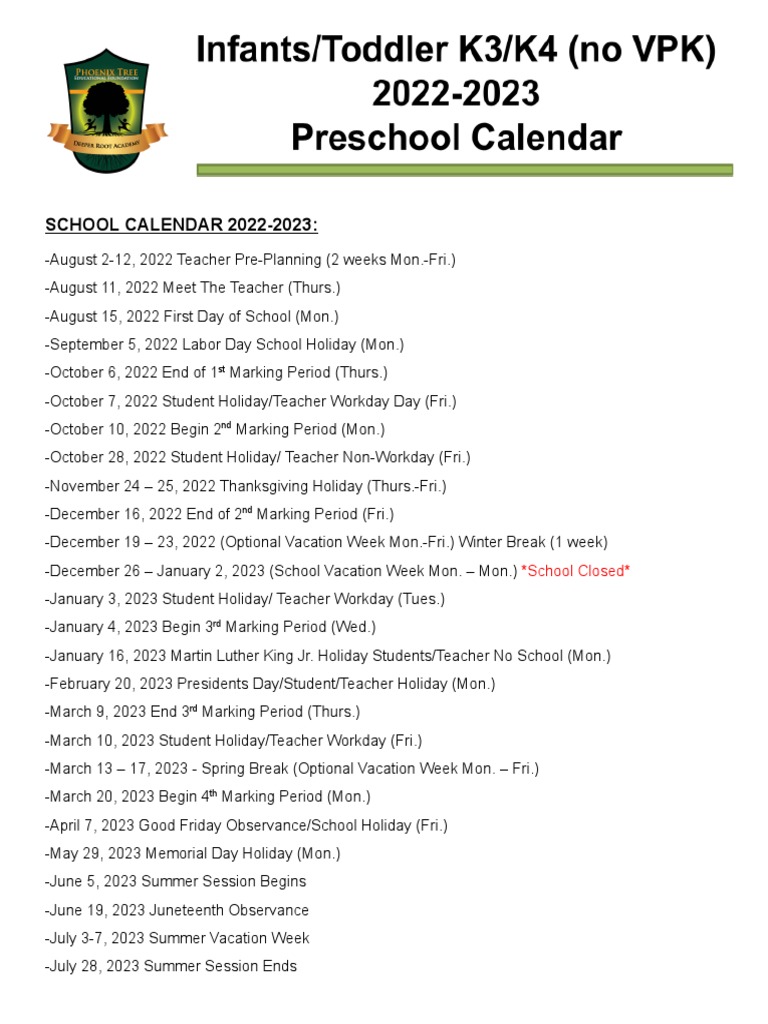 2022-2023 School Calendar Dates | PDF