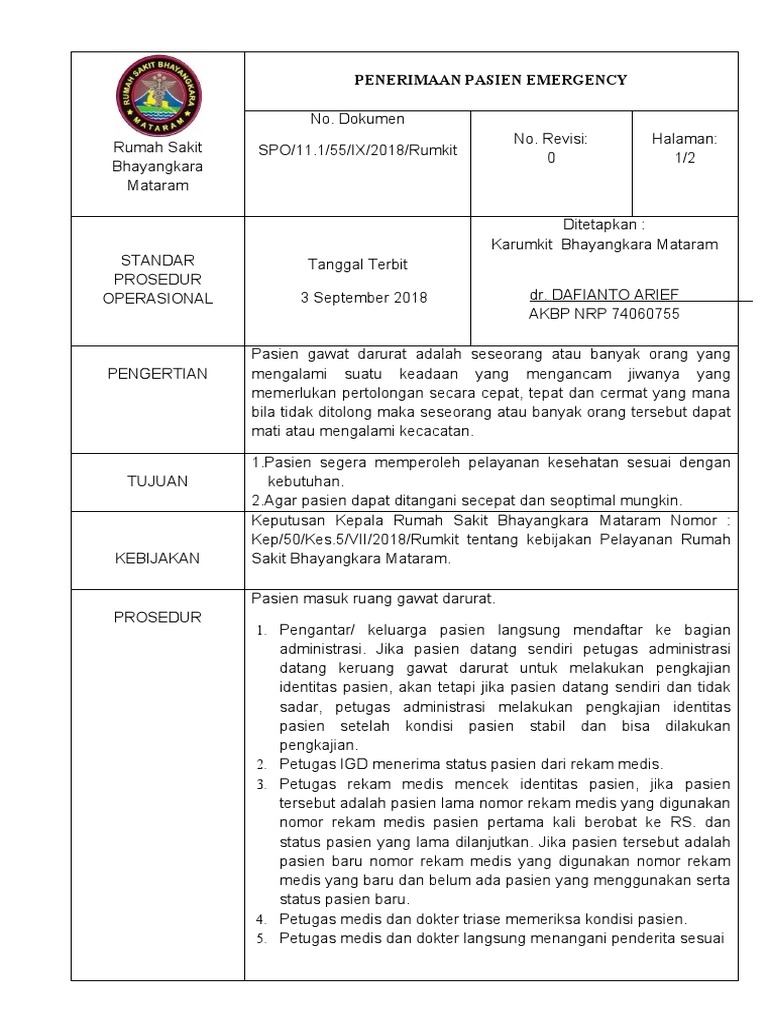 Spo Penerimaan Pasien Emergency | PDF