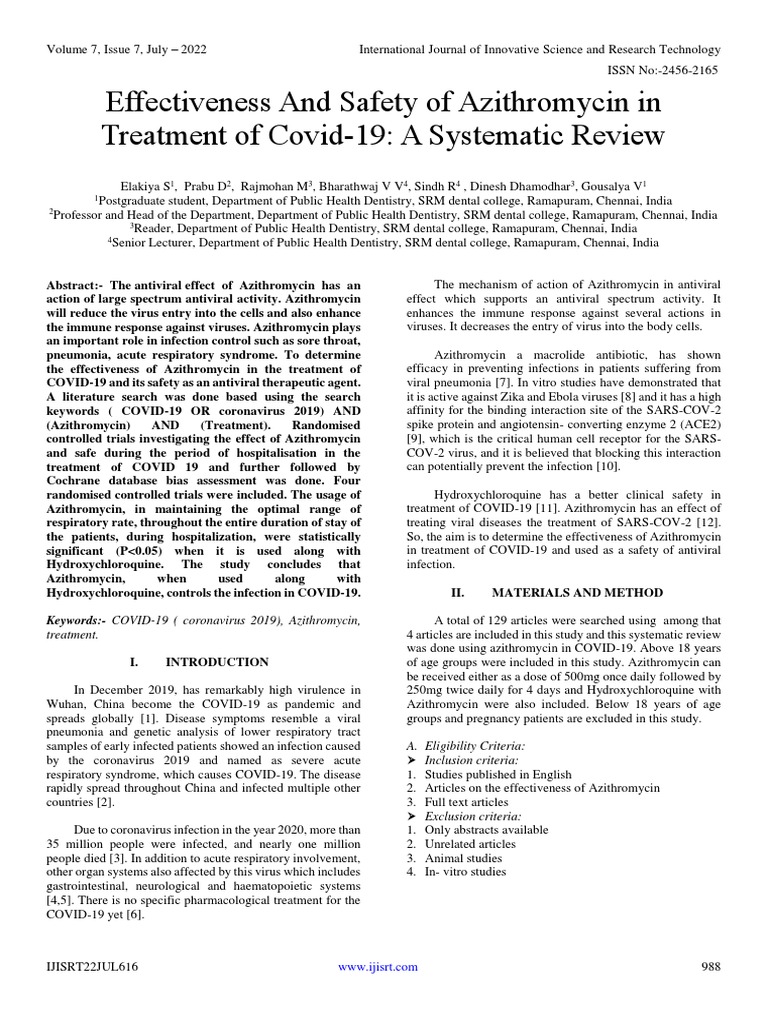 Effectiveness and Safety of Azithromycin in Treatment of Covid-19 A ...