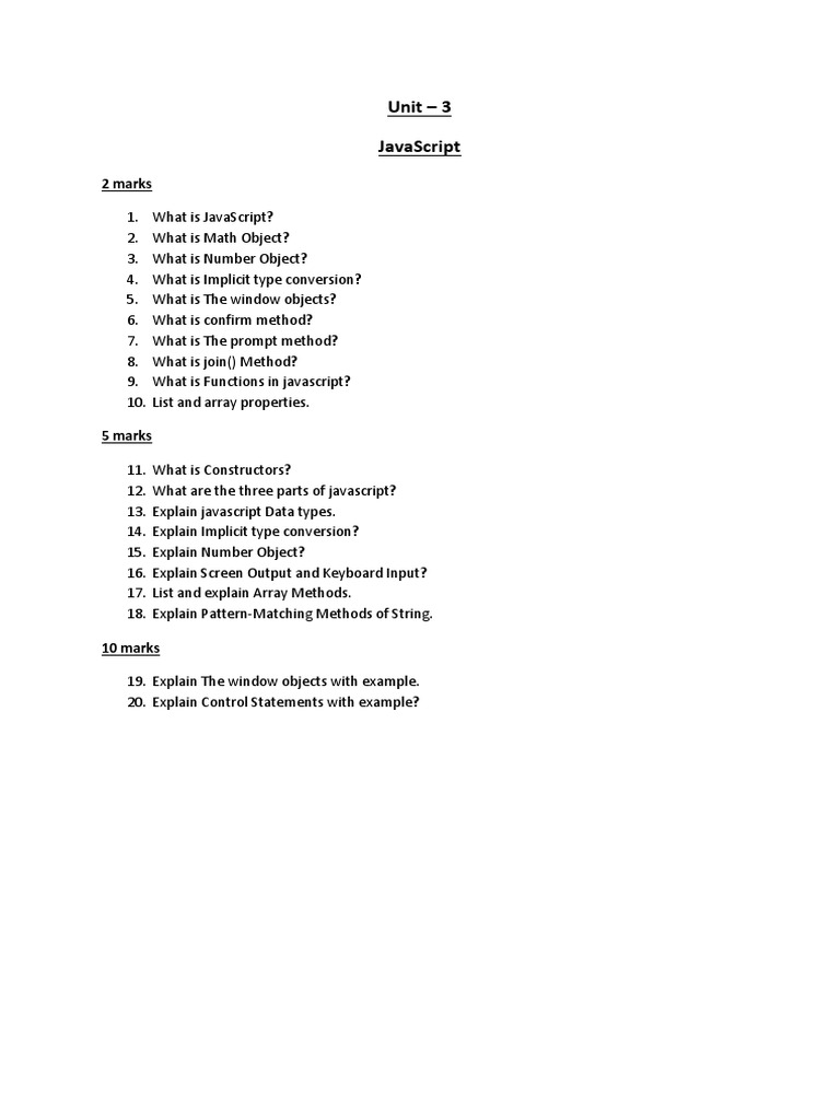Unit - 3 Javascript: 2 Marks | PDF | Computers