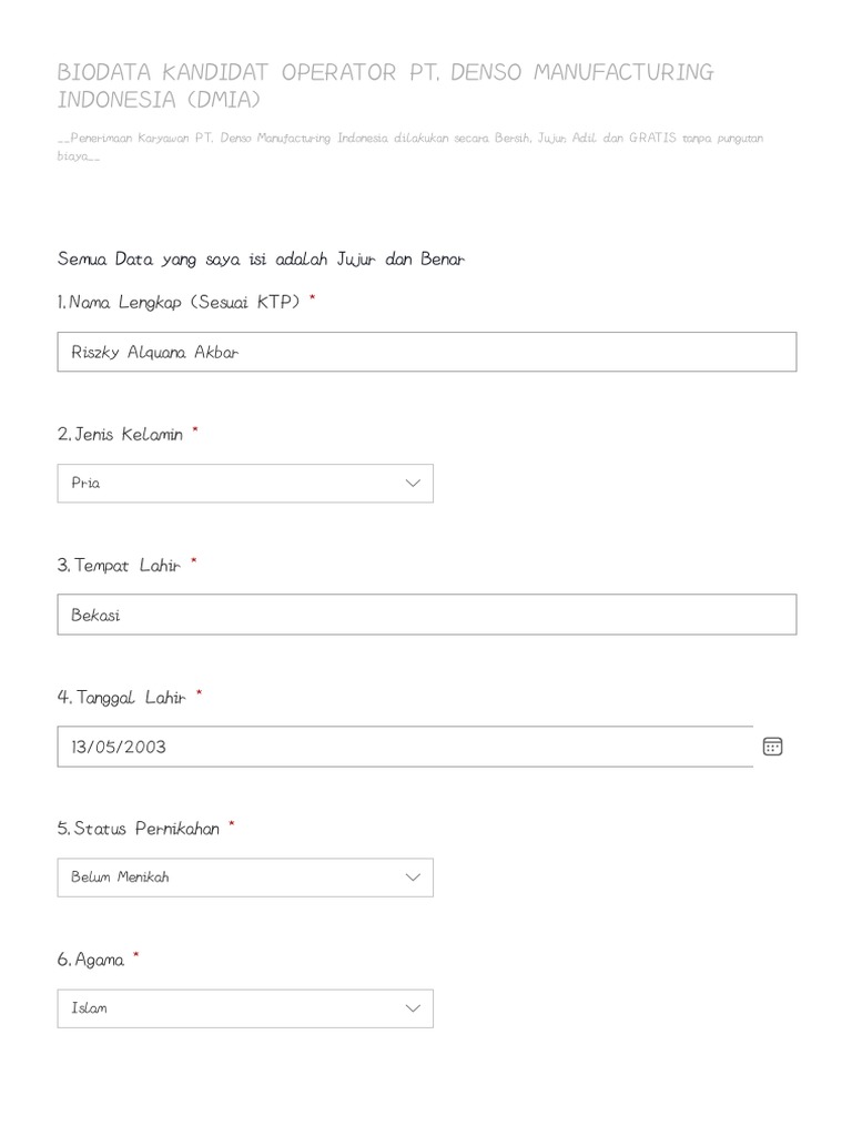 Biodata Kandidat Operator Pt. Denso Manufacturing Indonesia (Dmia) | PDF