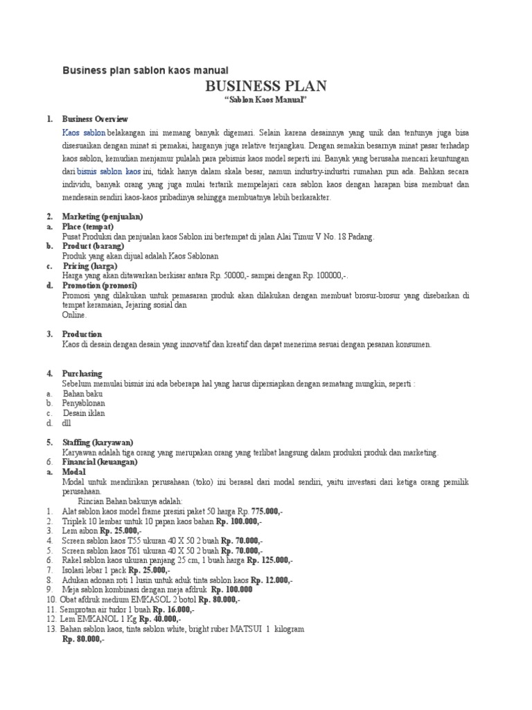 Business Plan Sablon Kaos Manual | PDF