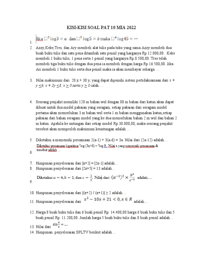 Kisi2 Soal Mat Kls 10mia 2022 | PDF