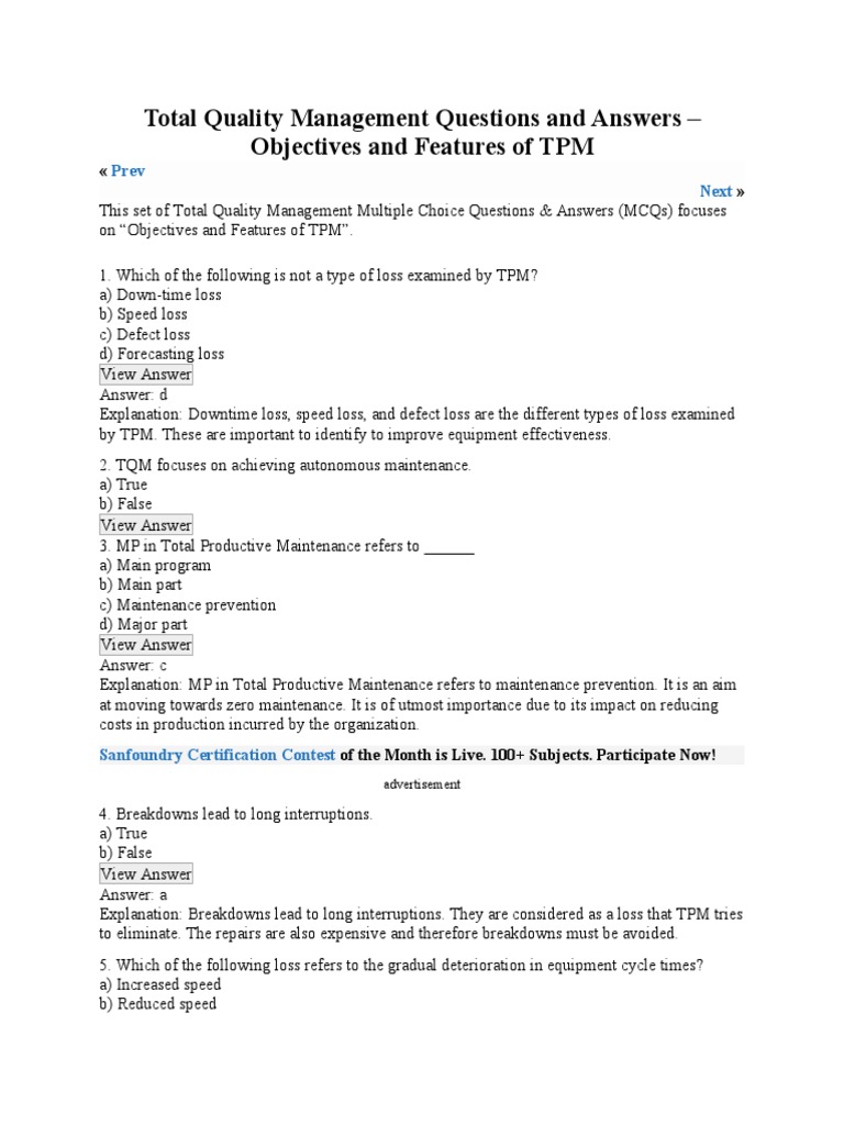 Total Quality Management Questions and Answers | PDF | Goal | Strategic ...