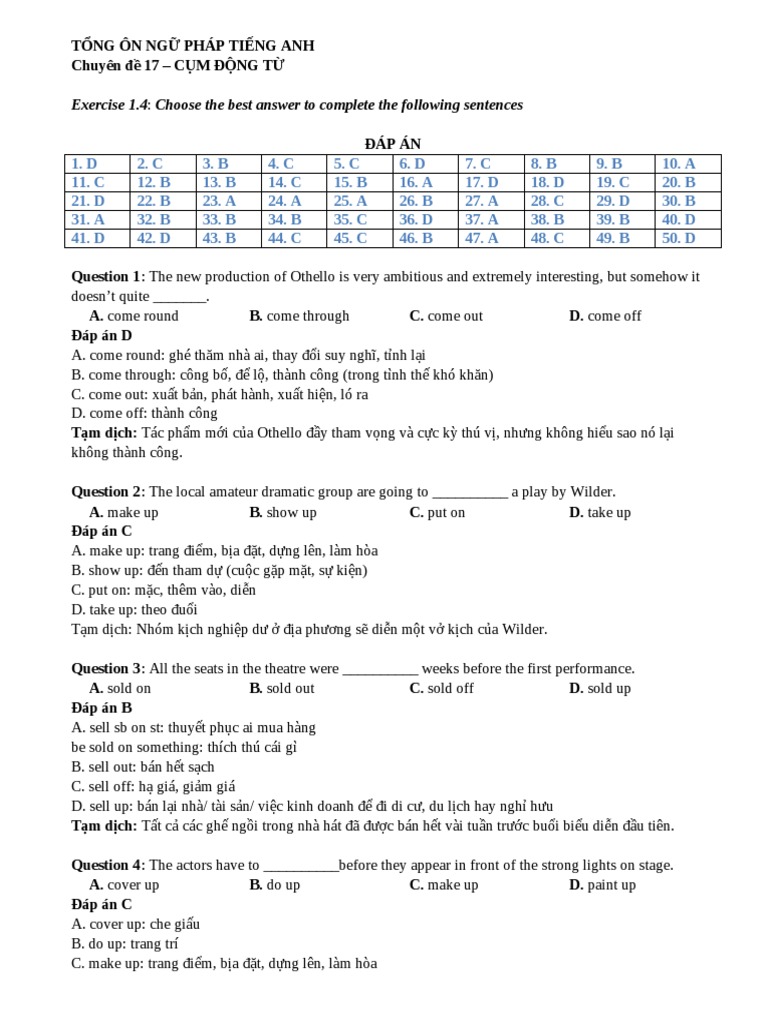 Đáp Án Tổng Ôn Ngữ Pháp Tiếng Anh CD17 Exercise | PDF