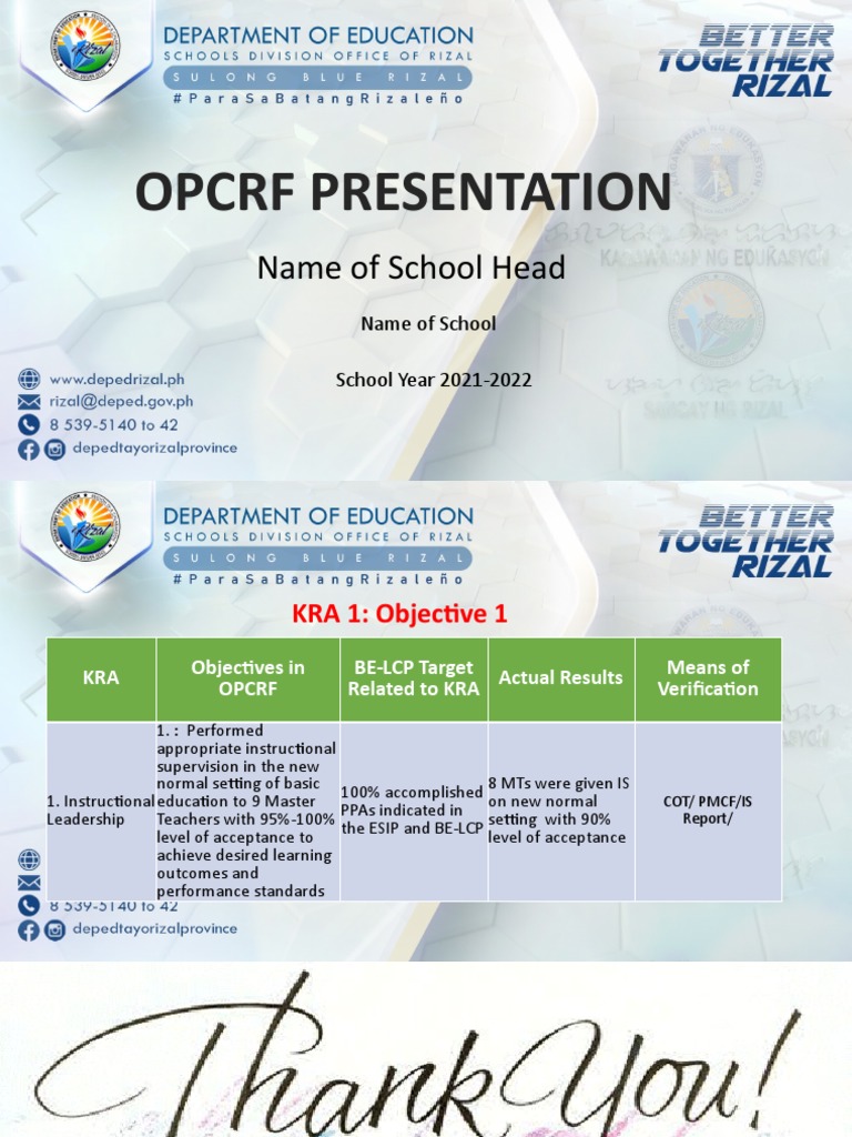 SLIDE TEMPLATE For OPCRF Presentation of School Heads | PDF
