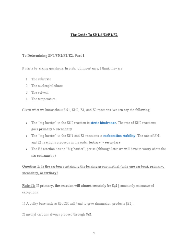 Guide To SN1 SN2 E1 and E2 | PDF | Chemical Reactions | Chemistry