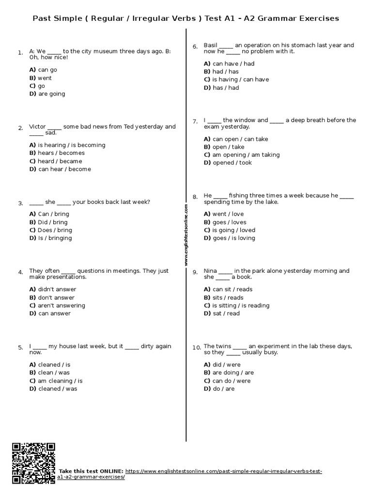Past Simple (Regular / Irregular Verbs) Test A1 - A2 Grammar Exercises ...