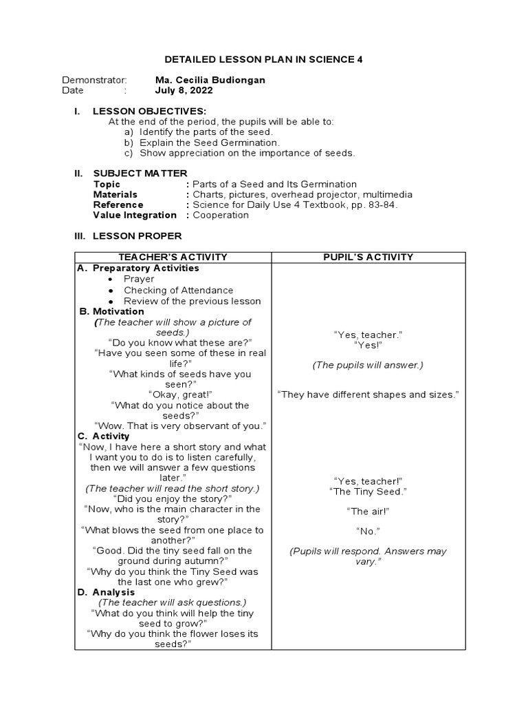 DETAILED LESSON PLAN IN SCIENCE 4 | PDF | Seed | Branches Of Botany
