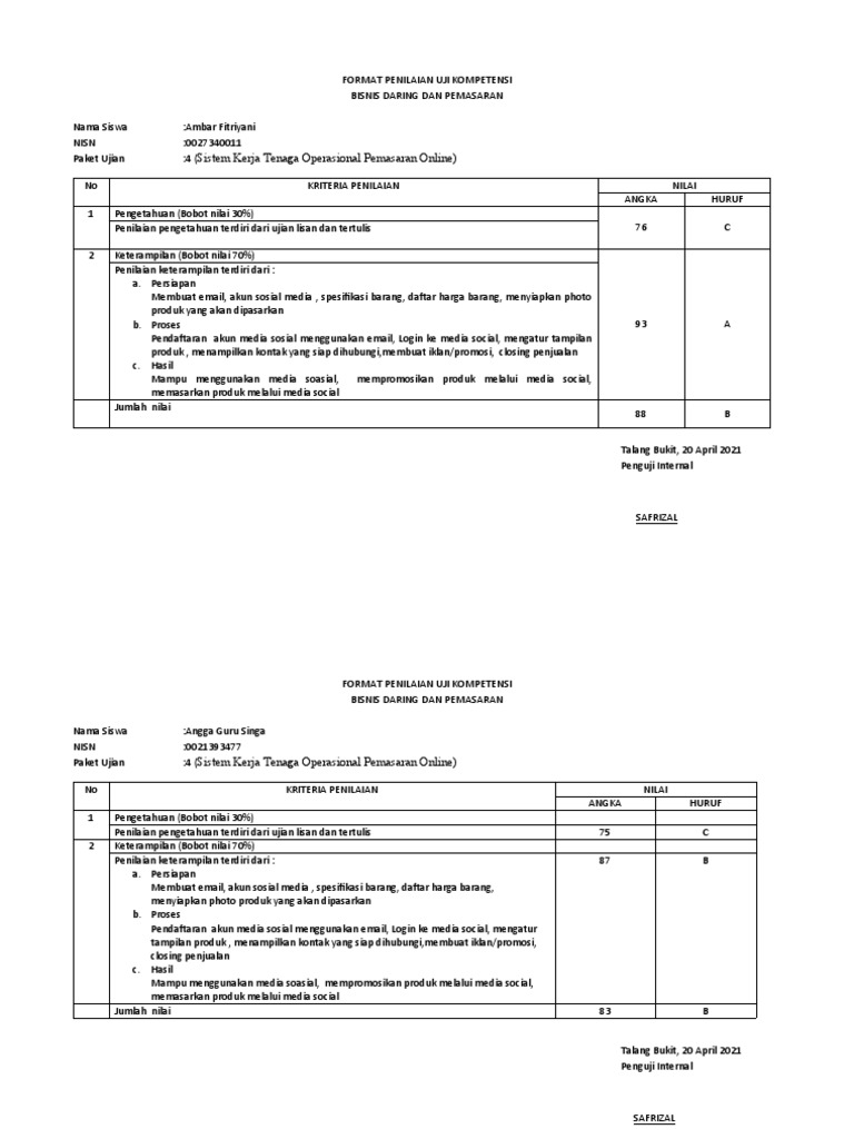 Format Penilaian Uji Kompetensi BDP | PDF