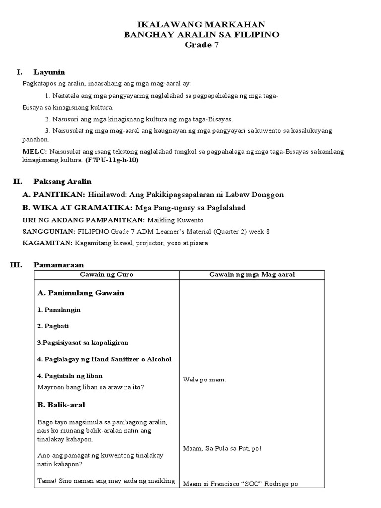 BANGHAY ARALIN SA FILIPINO Grade 7 | PDF