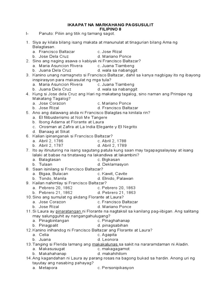 IKAAPAT NA MARKAHANG PAGSUSULIT (Grade 8) | PDF